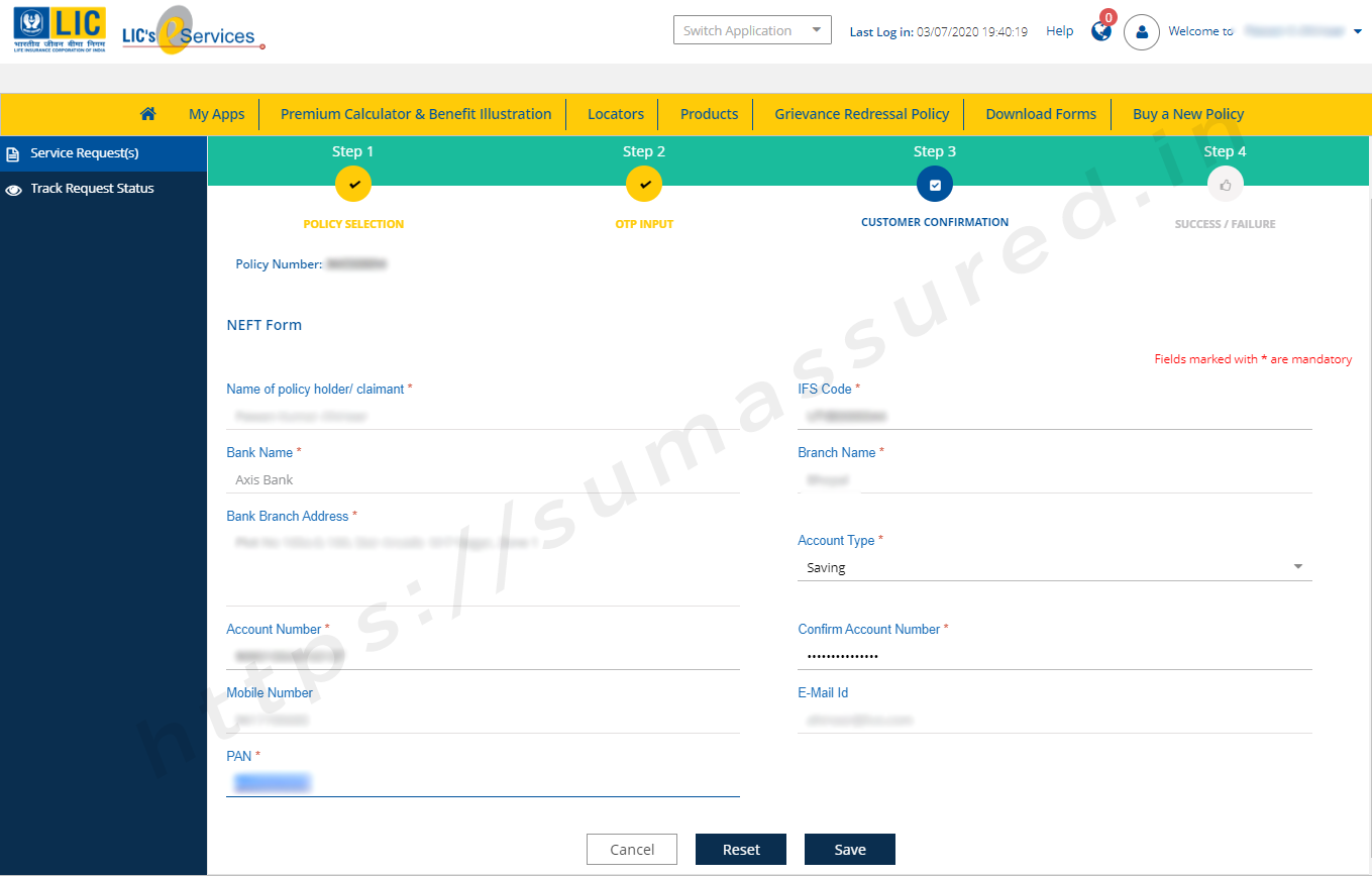 7 steps to register NEFT details in LIC online