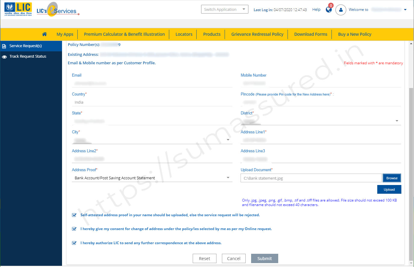 How to change address in LIC policy online?
